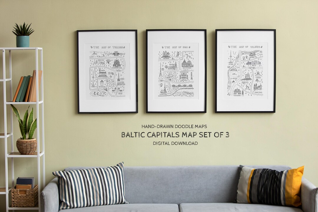 Baltic Capitals Map Set — Minimalist Line Art of Vilnius, Riga ...