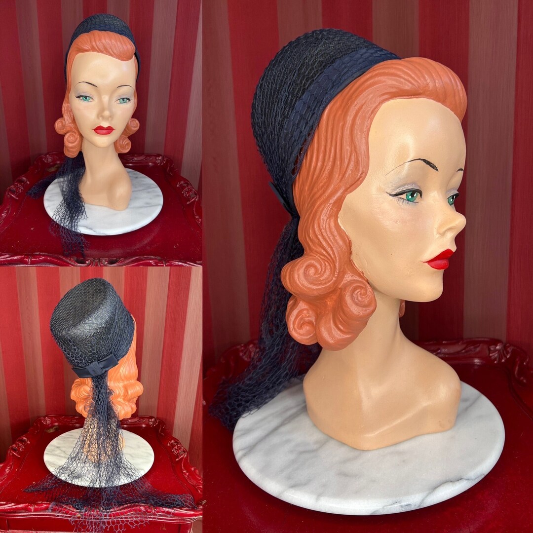 1960s Navy Blue Netting Drape Hat // Tall Toque Column Pillbox Hat - Etsy