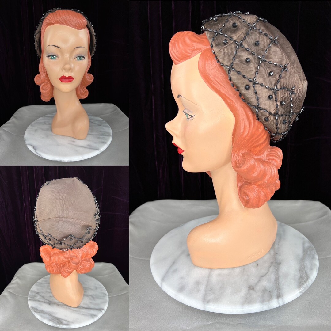 1930s Dark Brown Hat With Black Beading // Cloche Toque Diamonds Close ...