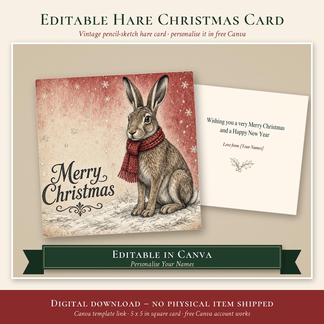 Editable Brown Hare Christmas Card, Vintage Sketch Canva Template ...