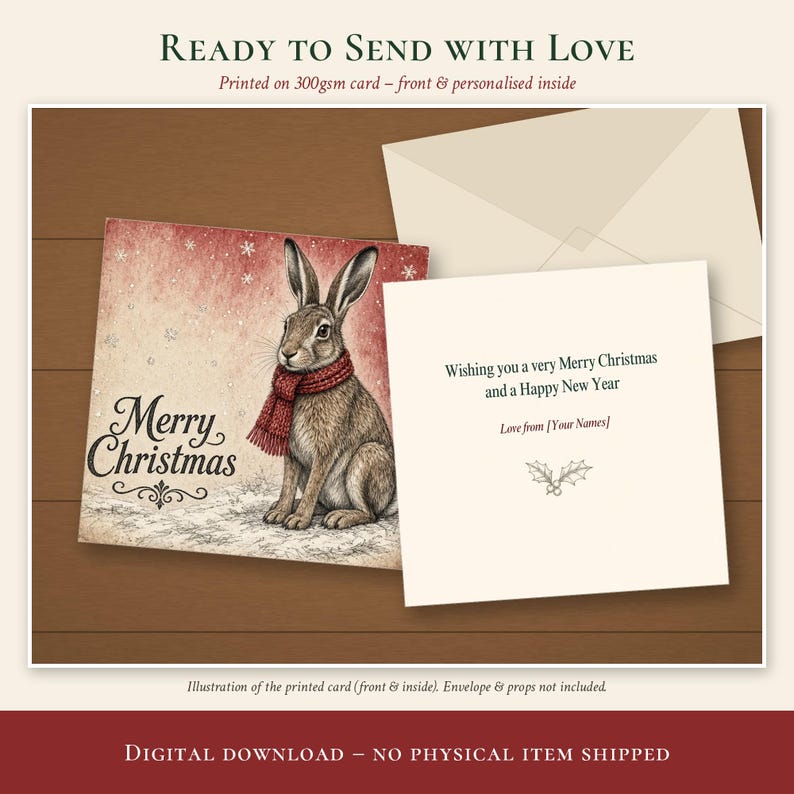 Editable Brown Hare Christmas Card, Vintage Sketch Canva Template ...