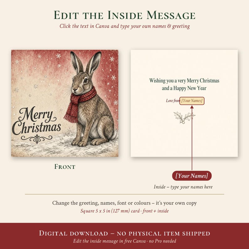 Editable Brown Hare Christmas Card, Vintage Sketch Canva Template ...