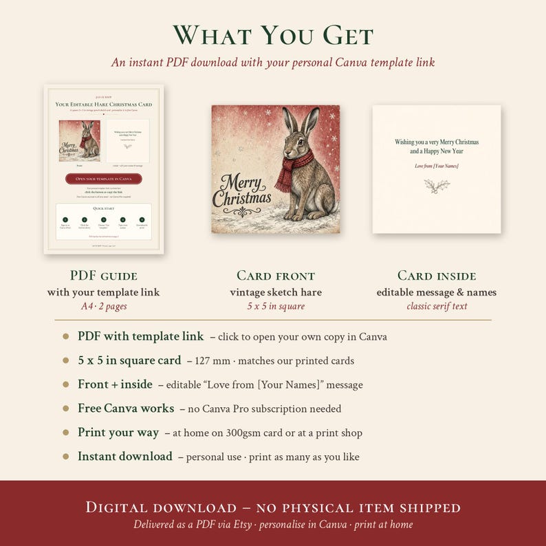 Editable Brown Hare Christmas Card, Vintage Sketch Canva Template ...