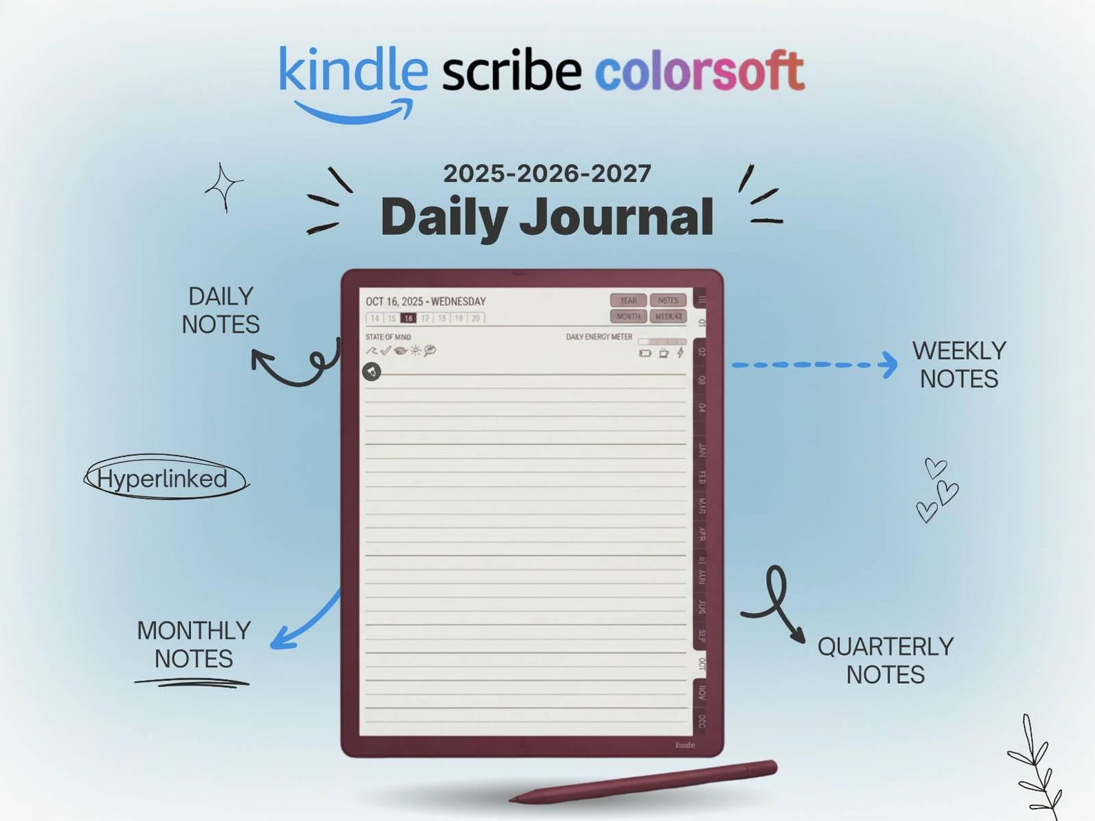 Kindle Scribe Colorsoft Daily Journal 2026-2027 | Hyperlinked E-ink ...