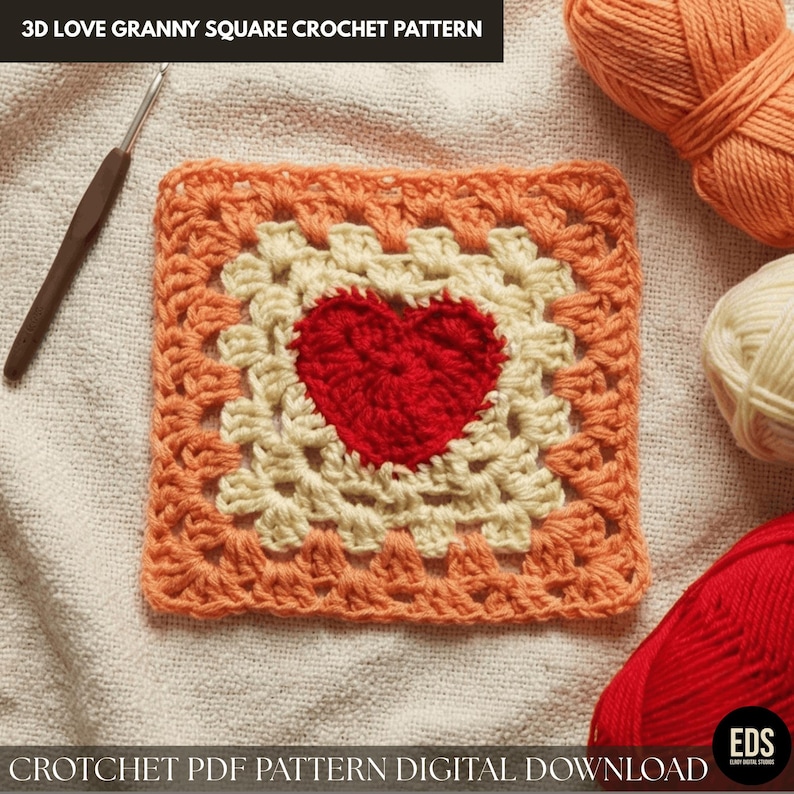 3D Heart Granny Square Crochet Pattern PDF | Puff Stitch Valentine ...