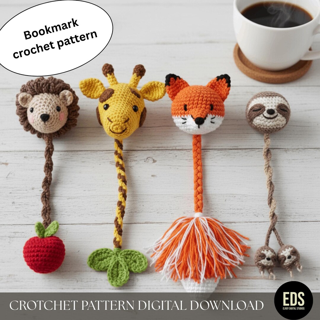 Cute Animal Crochet Bookmark Pattern Set PDF Fox Giraffe Sloth Hedgehog ...