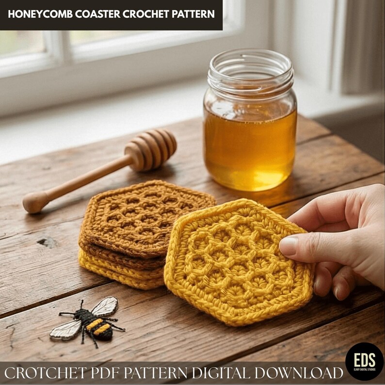 Honeycomb Hexagon Coaster Crochet Pattern PDF, Bee Hive Cotton Coaster ...