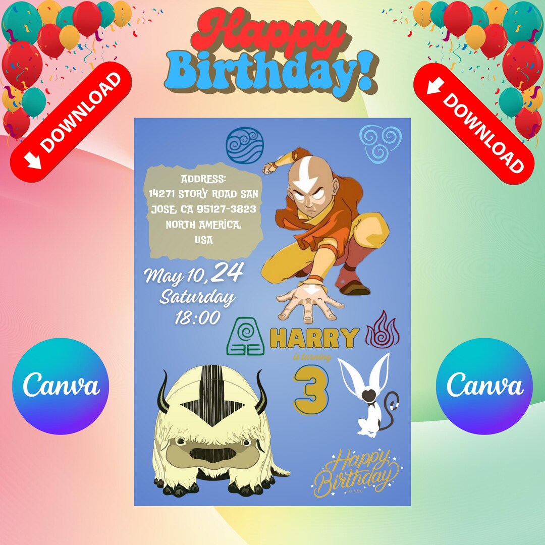 Last Airbender Birthday Invitation, Avatar Birthday Invitation, Kids ...