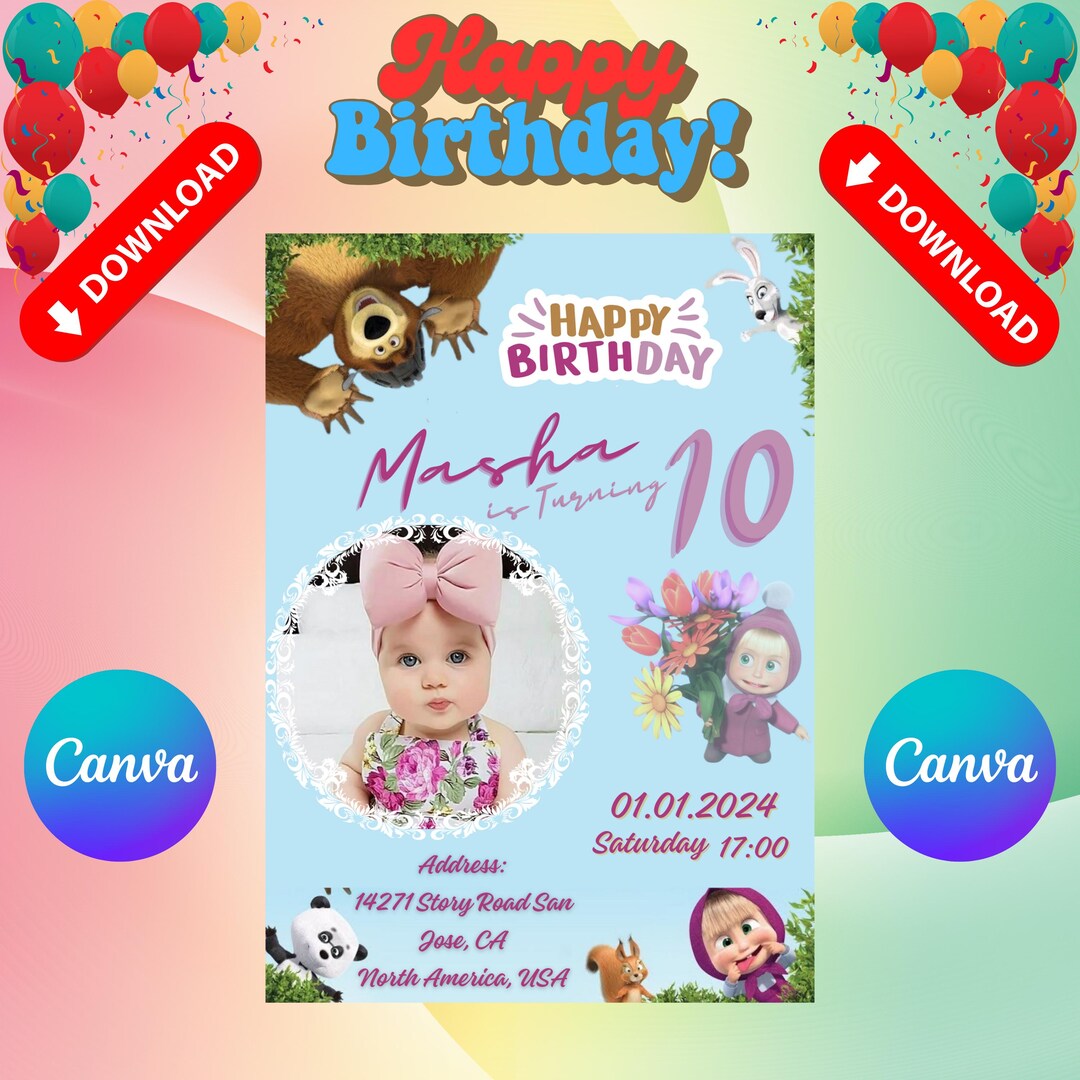 Masha and the Bear Birthday Invitation, Masha Cartoon Invitation for ...