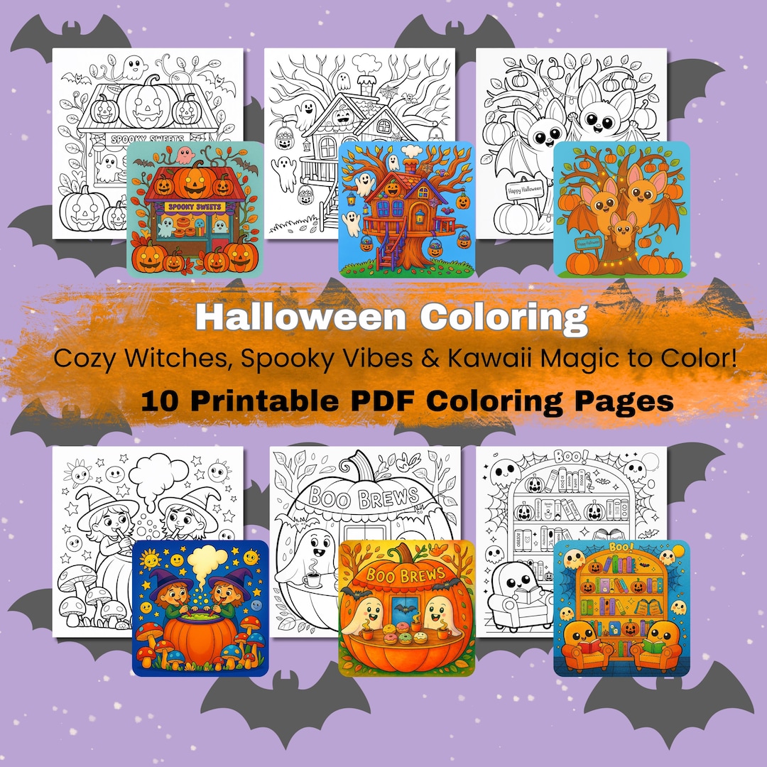 Cozy Halloween Coloring Pages | Cute Witches, Pumpkins, Ghosts | Spooky ...