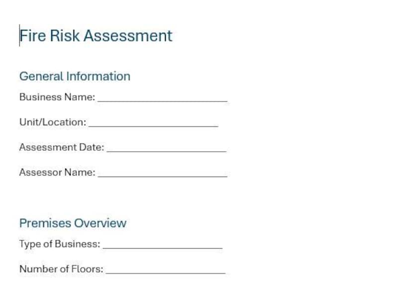 Fire Risk Assessment Template (PDF + Word) Printable Fire Safety Form ...