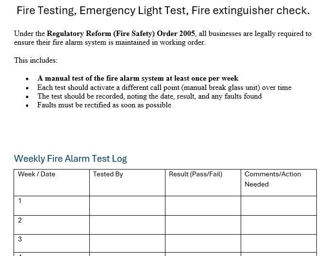 UK Fire Safety Log Book Template: Weekly Testing Sheet (PDF & Word) - Etsy