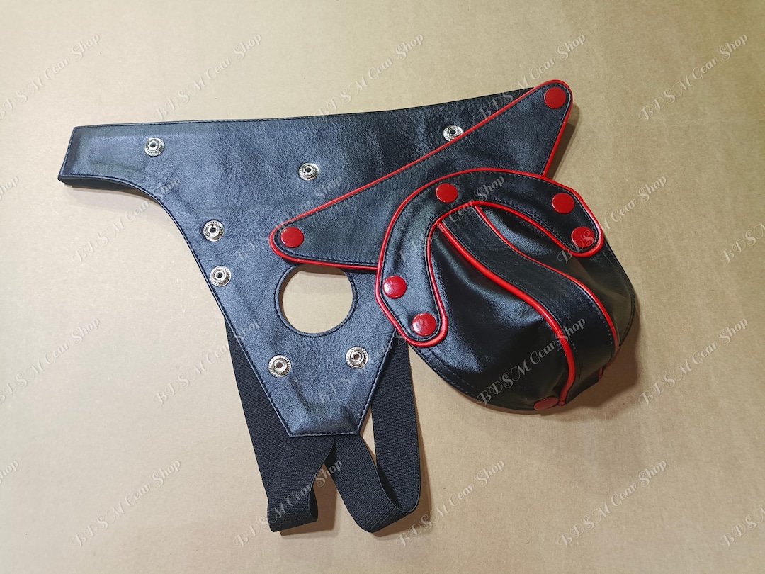 Removable Codpiece Leather Jockstrap – Black & Red BDSM Thong for Men, Chastity Hole Cutout ...