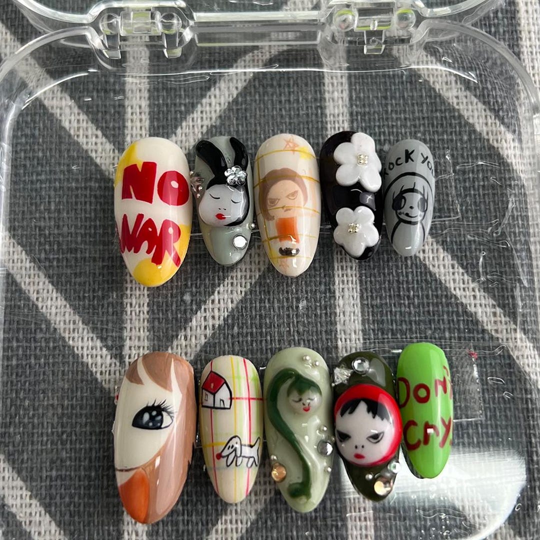 Handmade 3D Art Press on Nails, No War Dont Cry Message Nails, Cartoon ...