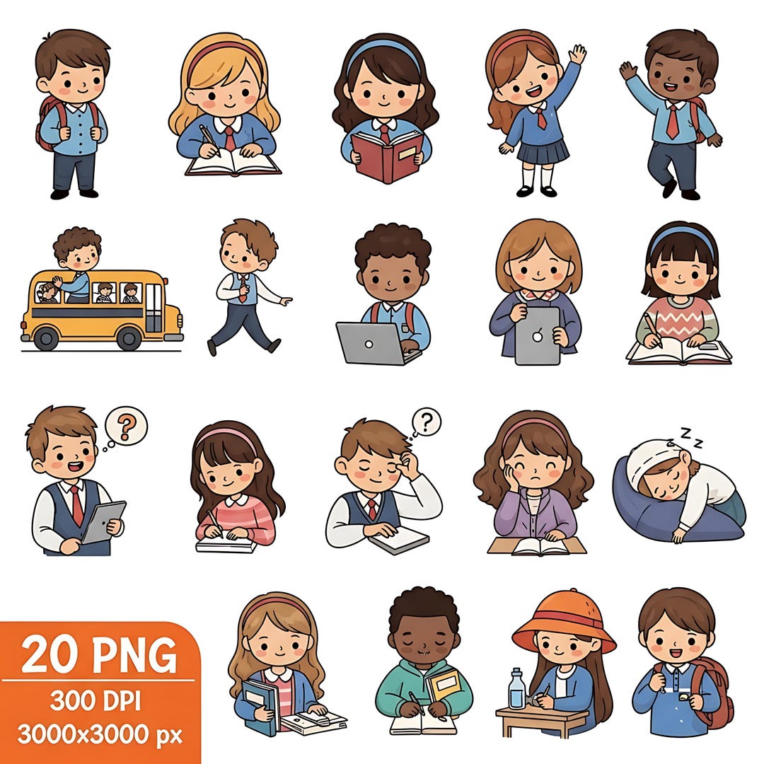 Student Characters Clipart PNG | 20 Back to School Kids | 300 DPI ...