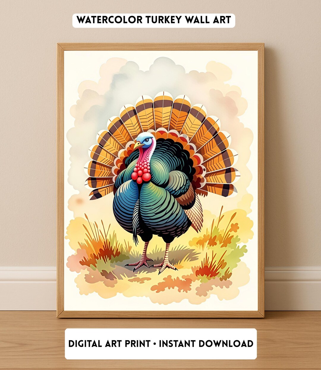 Watercolor Turkey Wall Art Print, Rustic Farmhouse Thanksgiving Decor ...