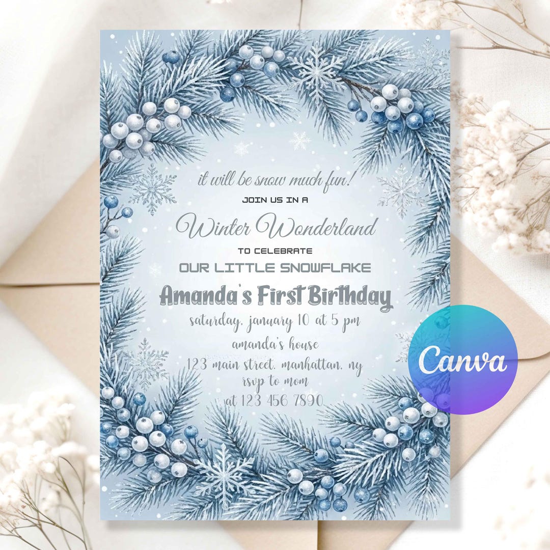 Snowflakes Birthday Invitation, Winter Wonderland Party Invite, Silver ...