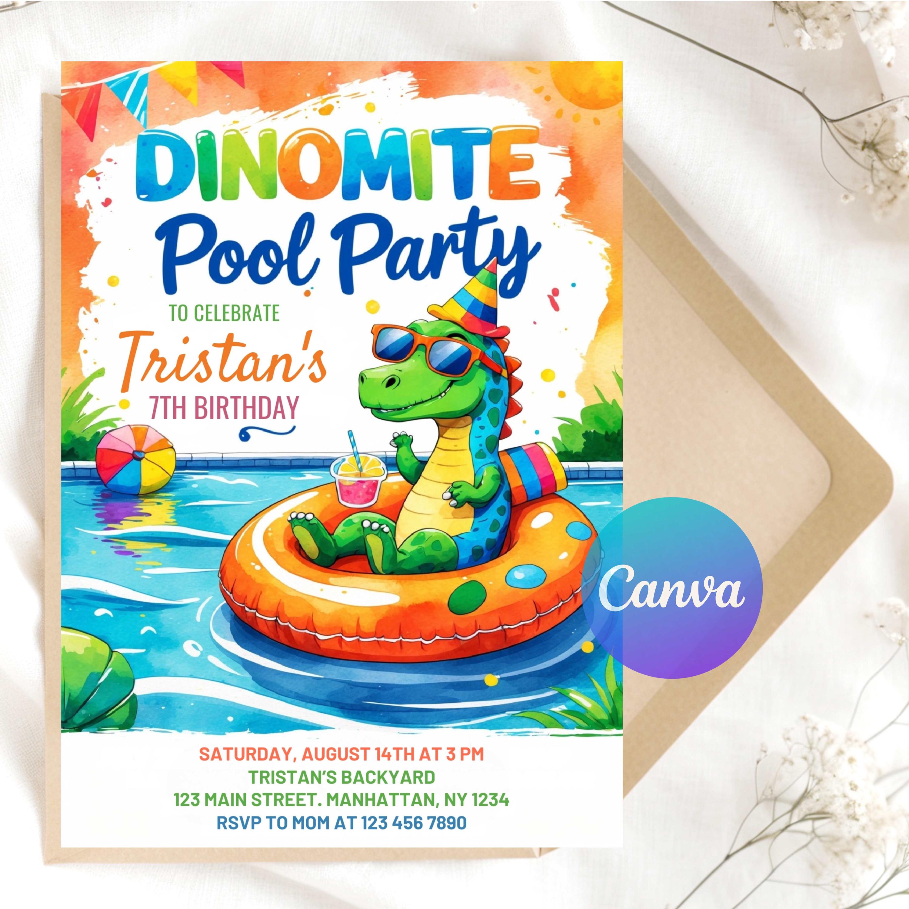 Dinosaur Pool Party Birthday Invitation | Editable Digital Download | T ...