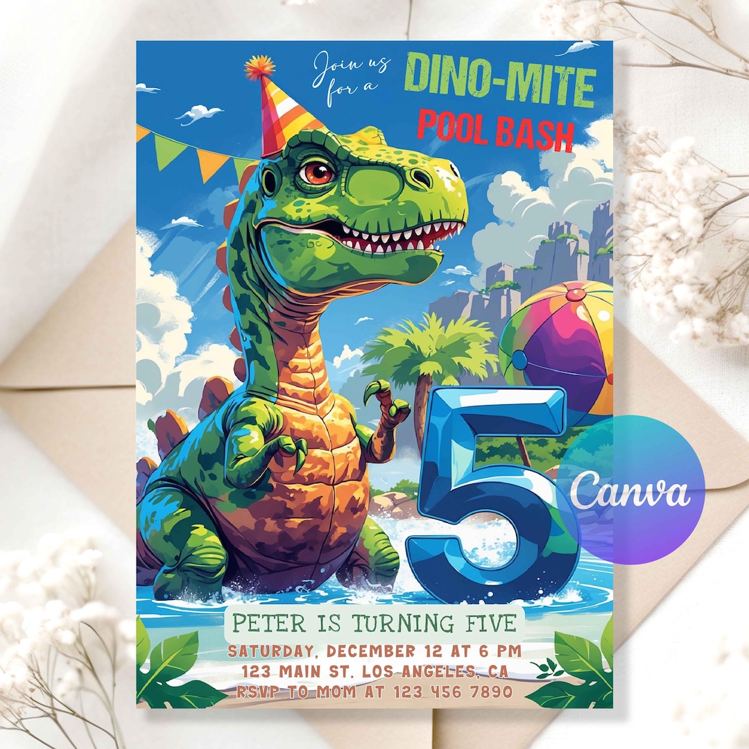 Dinosaur Pool Party Birthday Invitation Dino-mite Summer Splish Splash ...