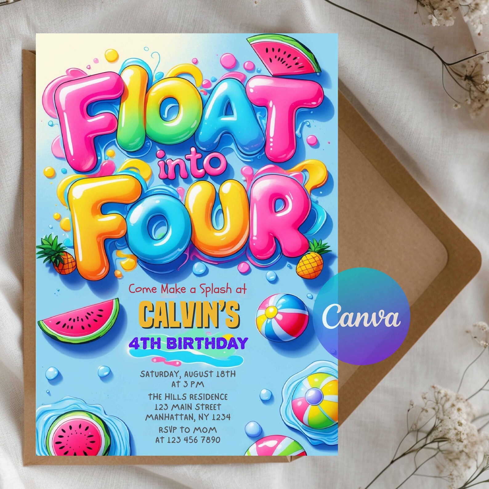 Floating Pool Birthday Invitation | 4th Birthday Invitation | Summer ...