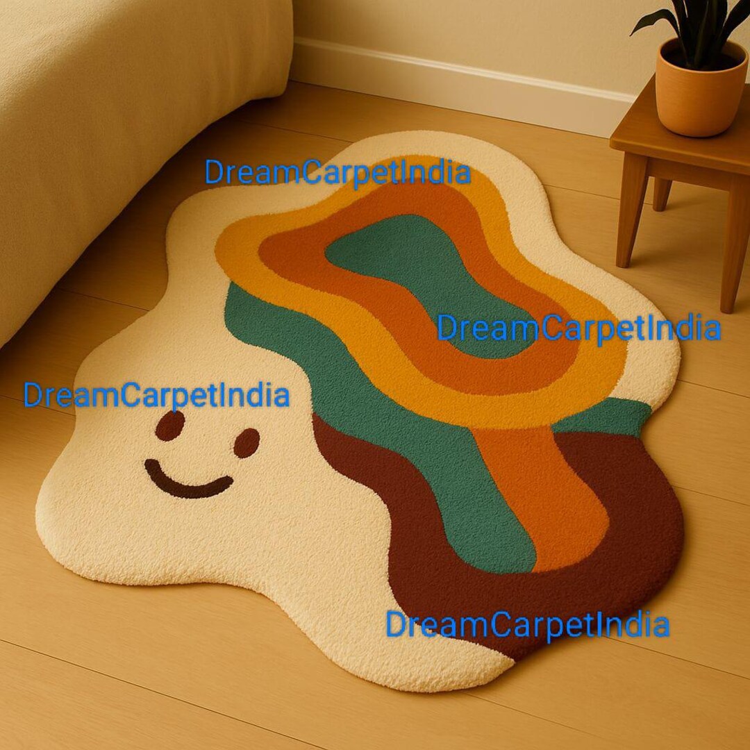 Smiley Face Wavy Blob Rug – Retro Abstract Tufted Carpet, Colorful ...