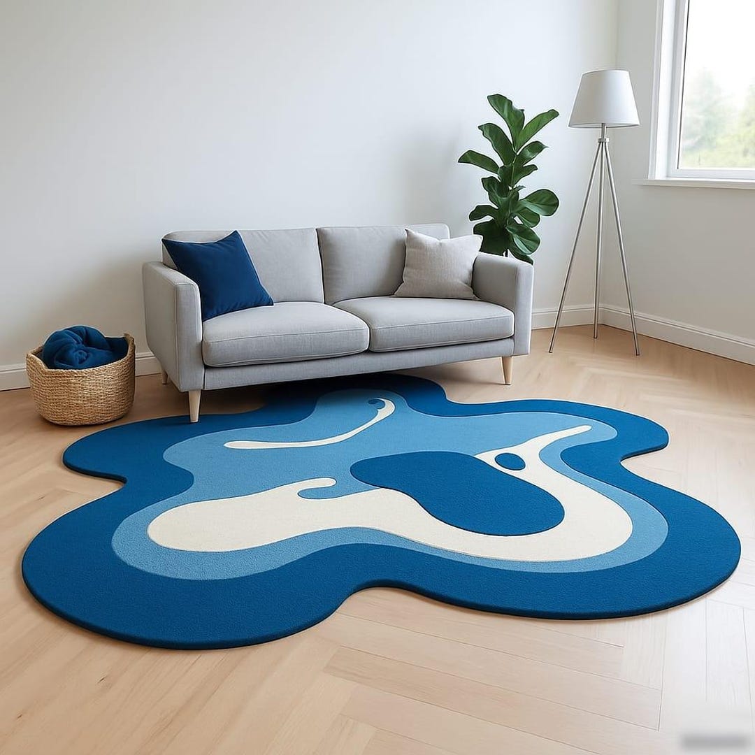 Abstract Blue Blob Rug – Modern Wavy Area Rug for Living Room, Ocean ...