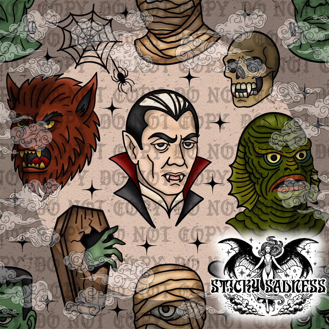 Tan Midnight Monsters Seamless Pattern, Vintage Horror Movie Tattoo ...