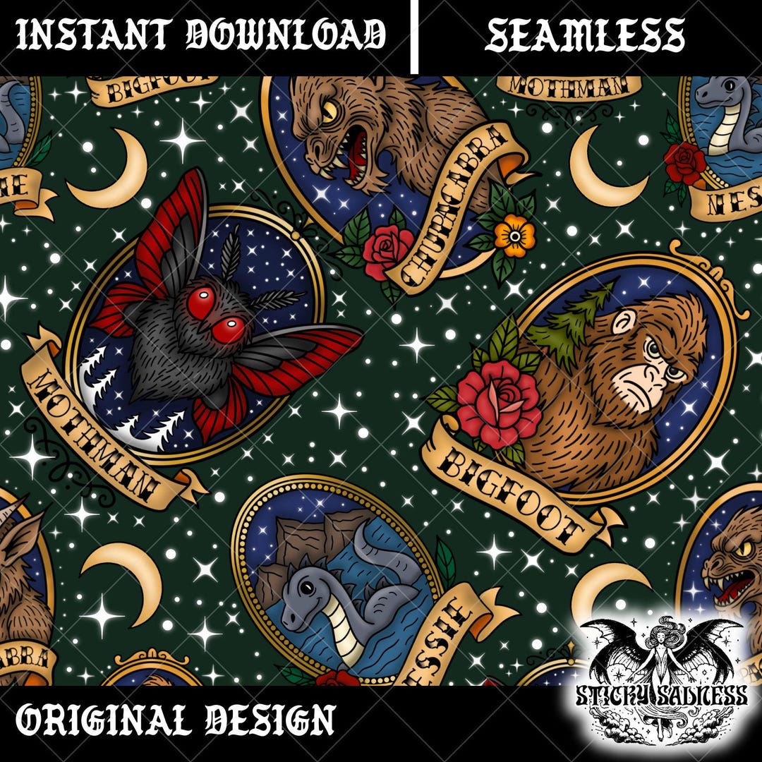 Green Cryptid Frames Seamless Pattern, Vintage Horror Movie Tattoo ...