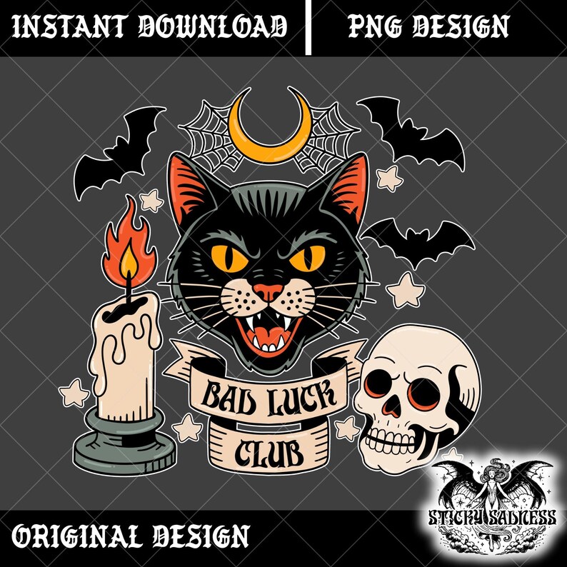 Bad Luck Club PNG, Vintage Halloween Tattoo Clipart, Black Cat Trad ...