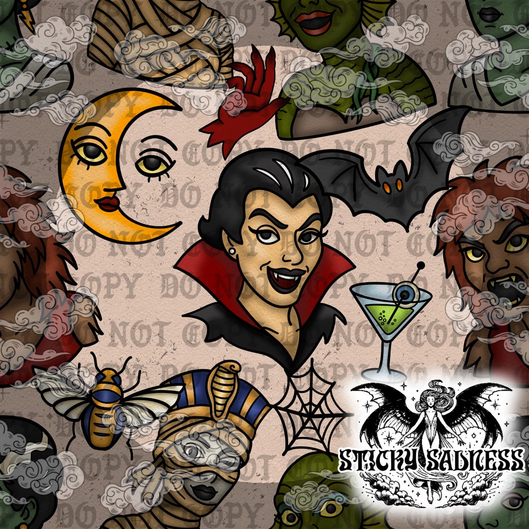 Tan Ladies Night Classic Monster Print, Vintage Horror Movie Tattoo ...