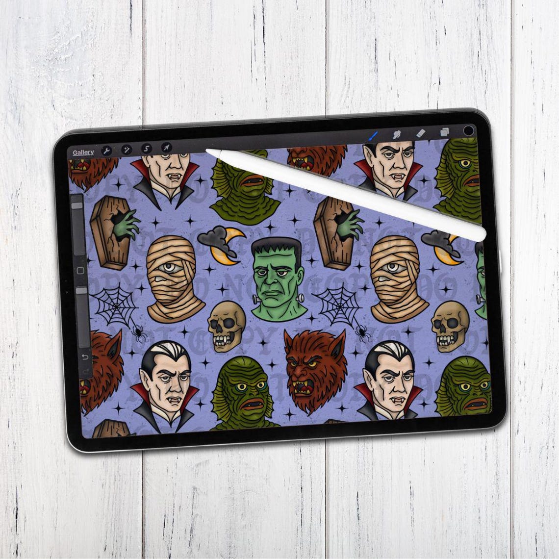 Purple Midnight Monsters Seamless Pattern, Vintage Horror Movie Tattoo ...