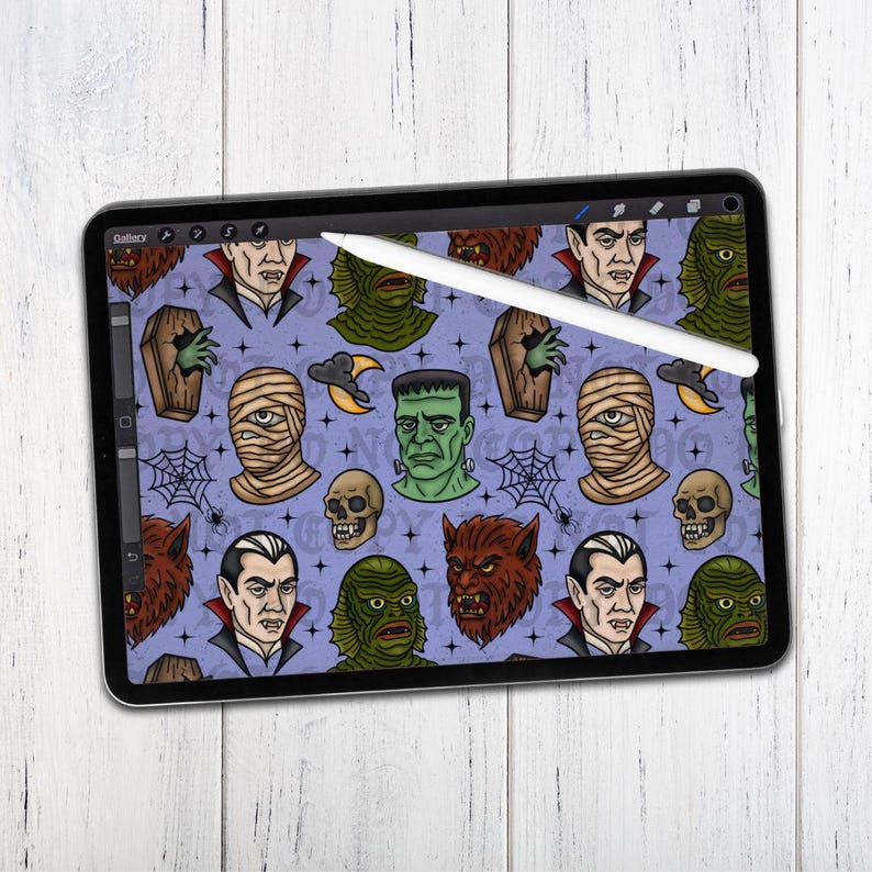 Purple Midnight Monsters Seamless Pattern, Vintage Horror Movie Tattoo ...