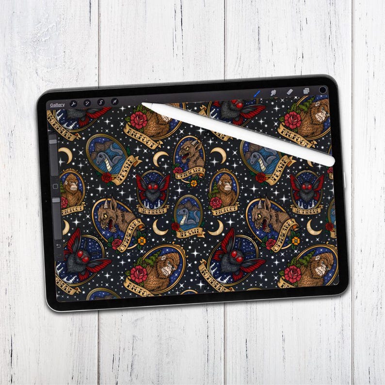 Charcoal Cryptid Frame Seamless Pattern, Vintage Horror Movie Tattoo ...