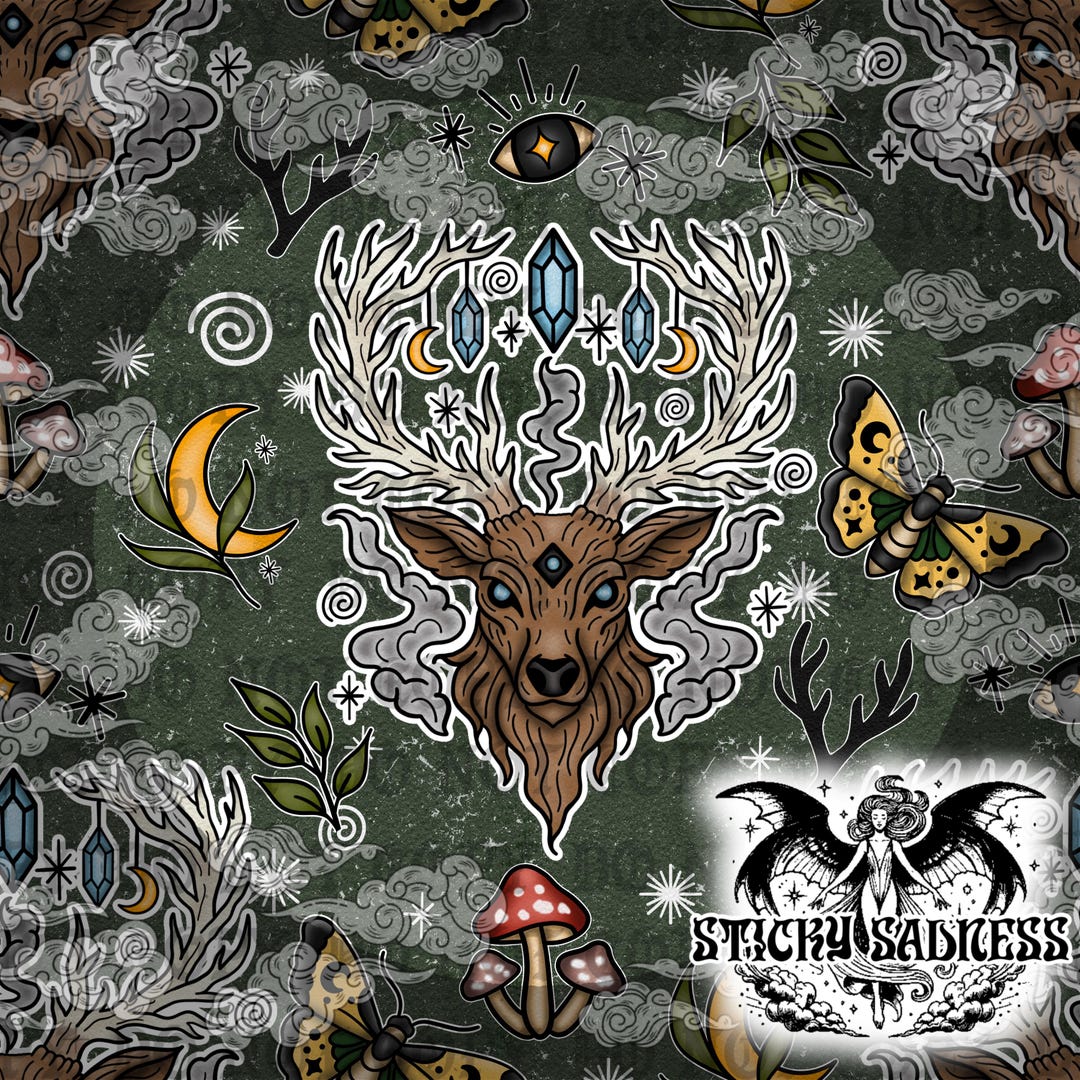 Green Magic Forest Fantasy Seamless Pattern, Forest Guardian Tattoo ...