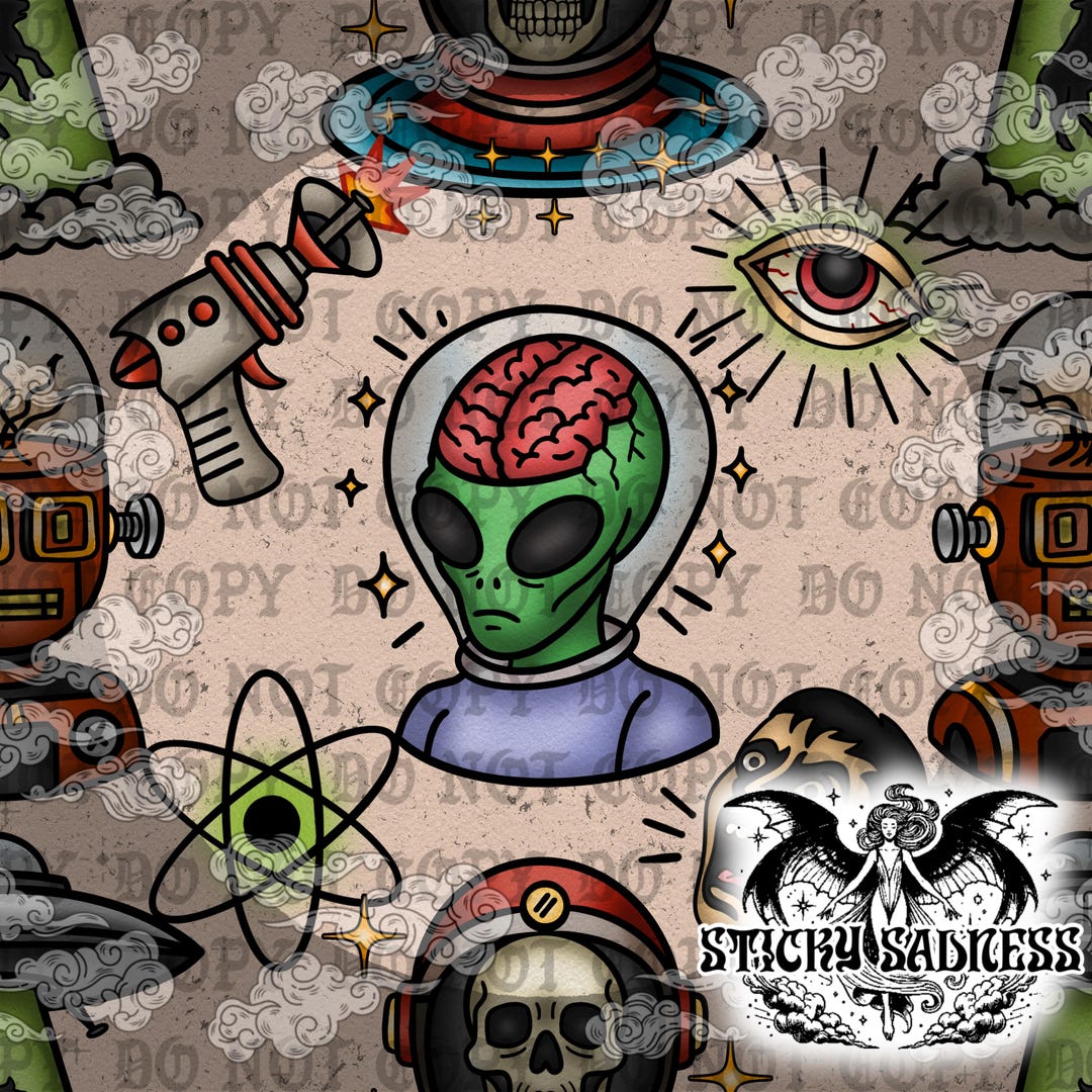 Tan Retro Sci-fi Horror Pattern, Vintage Alien Extra-terrestrial ...