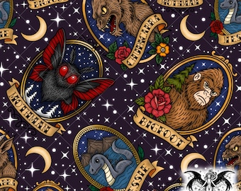 Charcoal Cryptid Frame Seamless Pattern, Vintage Horror Movie Tattoo ...