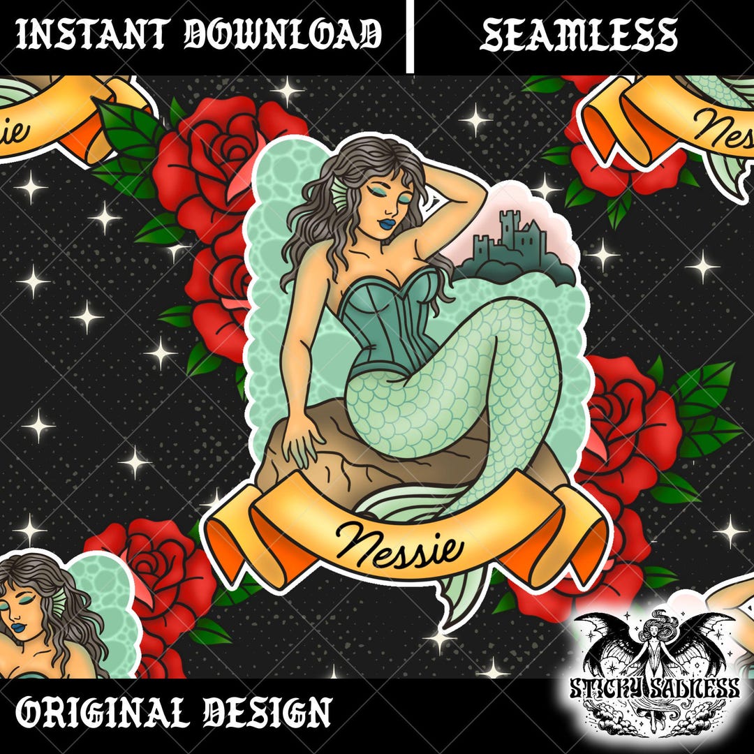 Black Nessie Pinup Seamless Pattern, Vintage Cryptid Movie Tattoo Style ...