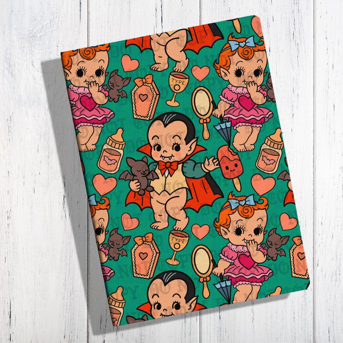Green Vintage Kawaii Baby Vamps Seamless Pattern, Retro Halloween ...