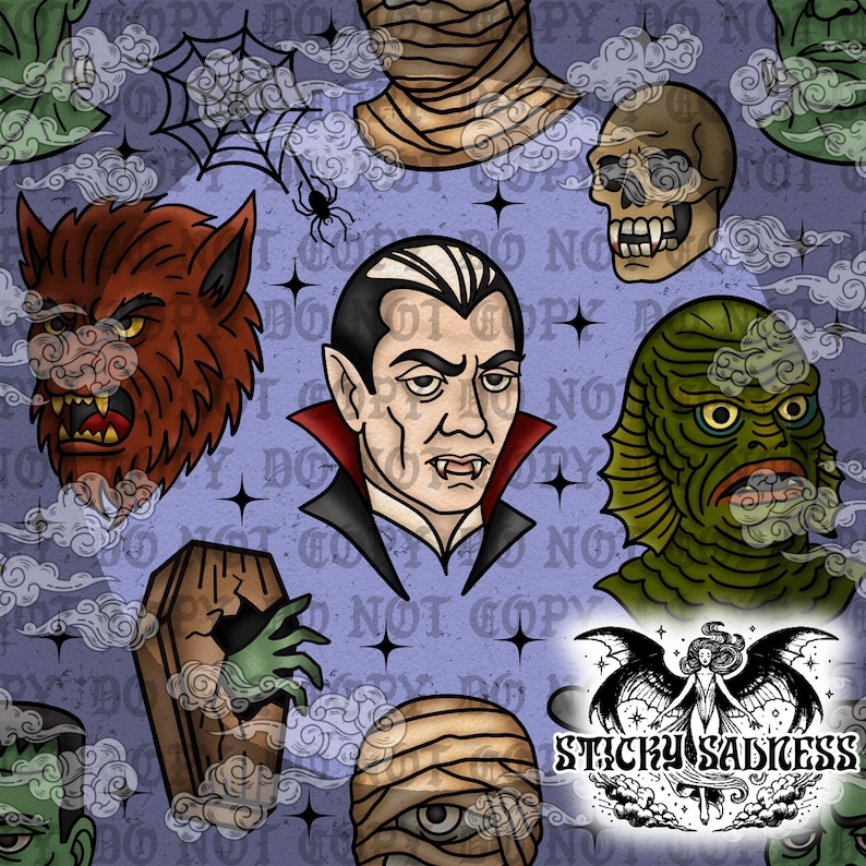 Purple Midnight Monsters Seamless Pattern, Vintage Horror Movie Tattoo ...