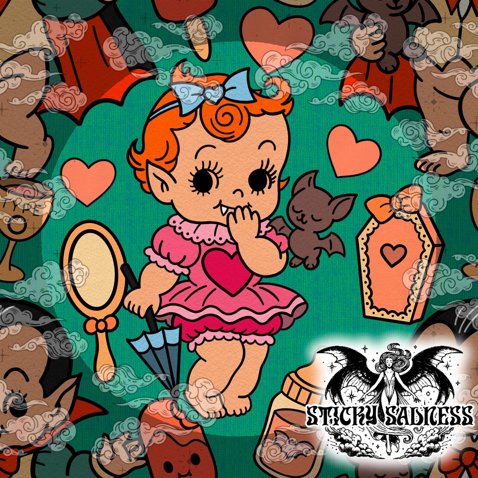 Green Vintage Kawaii Baby Vamps Seamless Pattern, Retro Halloween ...
