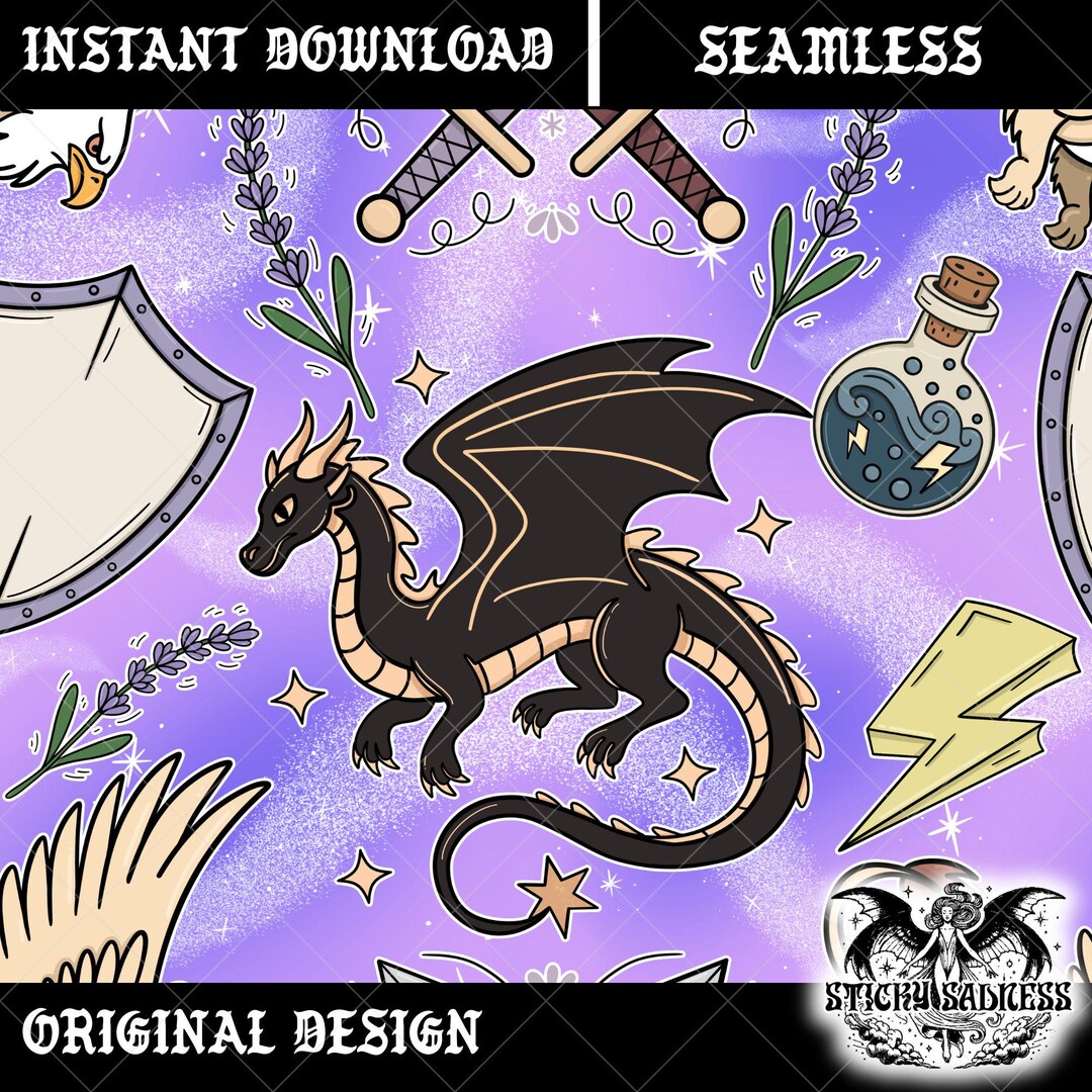 Purple Fantasy Creatures Mythic Seamless Pattern Digital Paper, Dragon ...