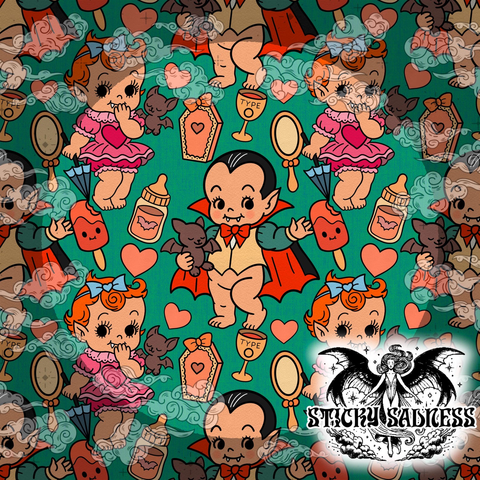 Green Vintage Kawaii Baby Vamps Seamless Pattern, Retro Halloween ...