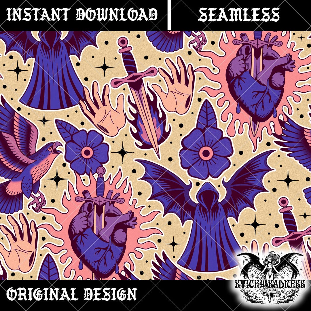 Light Violet Vintage Fantasy Seamless Pattern, Bookish Tattoo Pattern ...