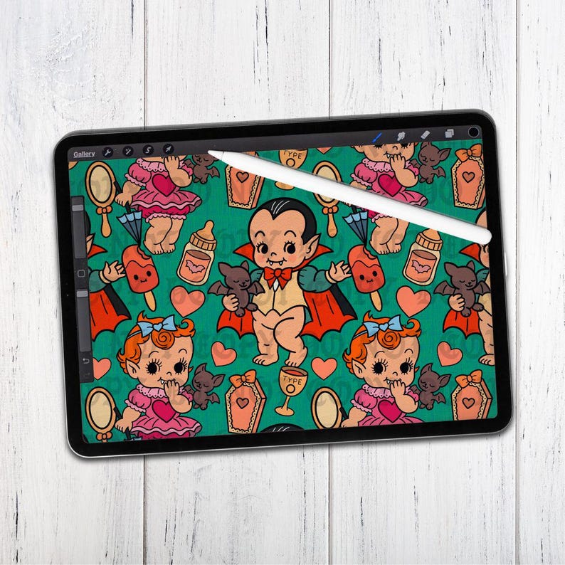 Green Vintage Kawaii Baby Vamps Seamless Pattern, Retro Halloween ...