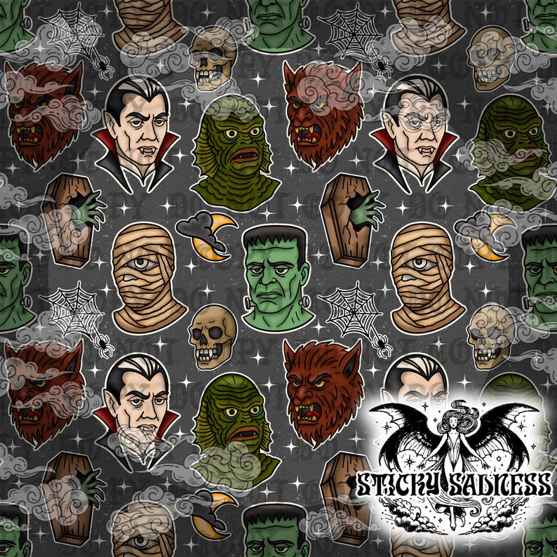 Grey Midnight Monsters Seamless Pattern, Vintage Horror Movie Tattoo ...