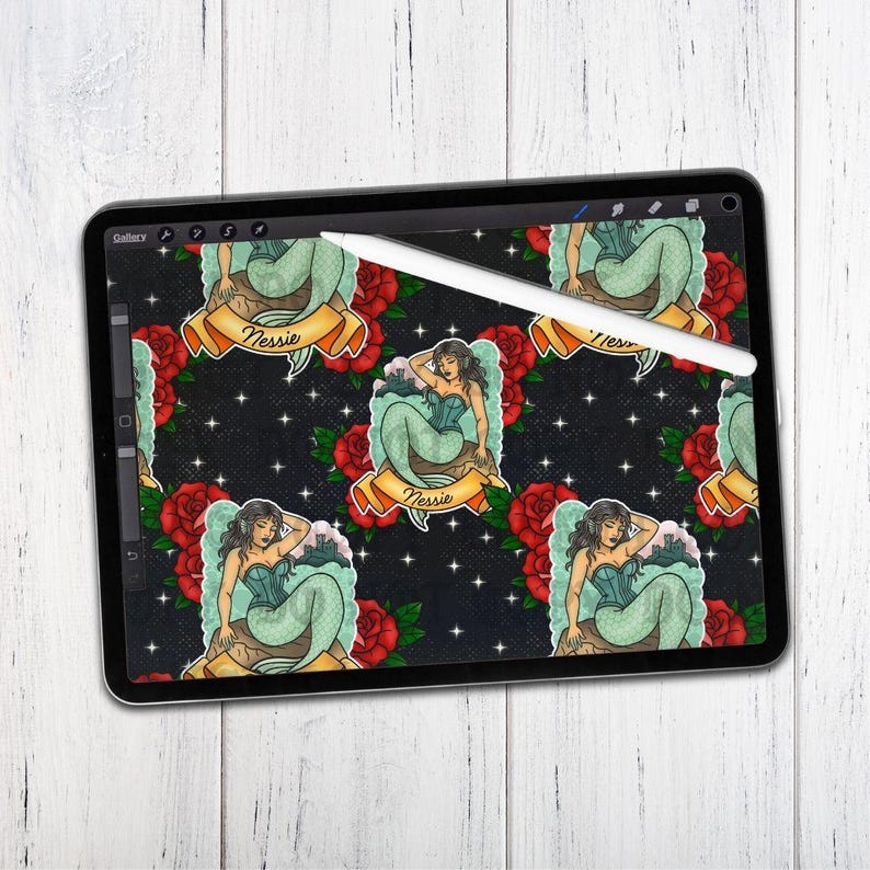 Black Nessie Pinup Seamless Pattern, Vintage Cryptid Movie Tattoo Style ...