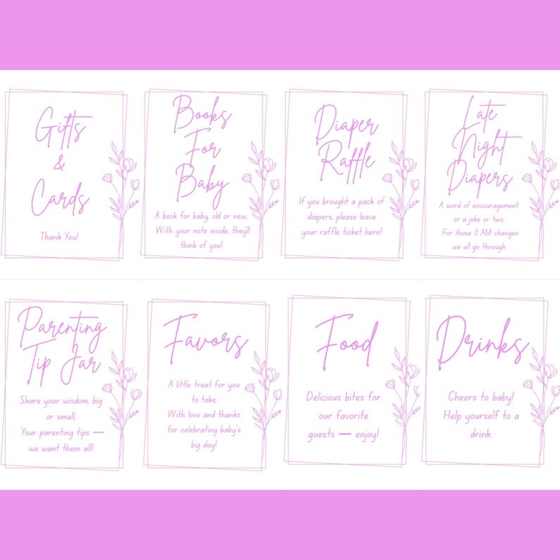 Pink Baby Shower Table Signs: Girl Decorations, Printable Set (PDF ...
