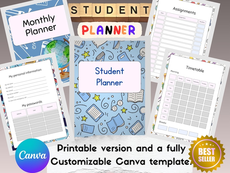 Student Planner Printable Canva Template Editable Academic Organizer 12 ...