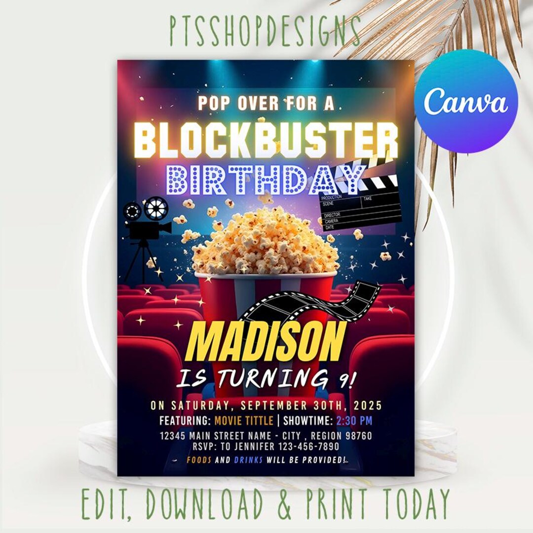 Editable Movie Night Invitation: Cinema Birthday, Glow Party (canva ...