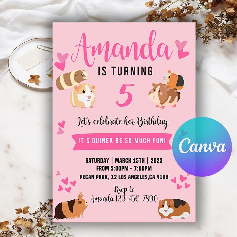 Editable Guinea Pig Invitation Birthday Digital Party, Girls Any Age ...